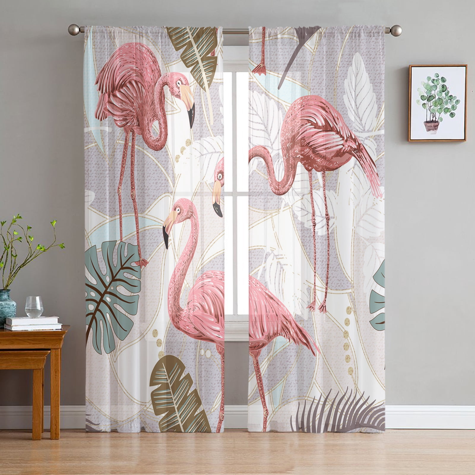 Summer Flamingo Plant Leaves Tulle Curtains for Living Room Bedroom ...