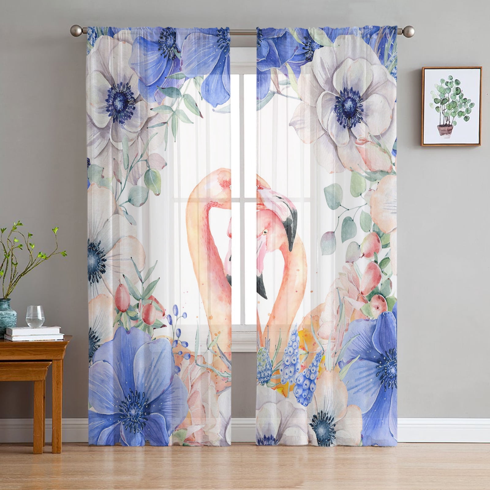 Summer Flamingo Plant Leaves Tulle Curtains for Living Room Bedroom ...