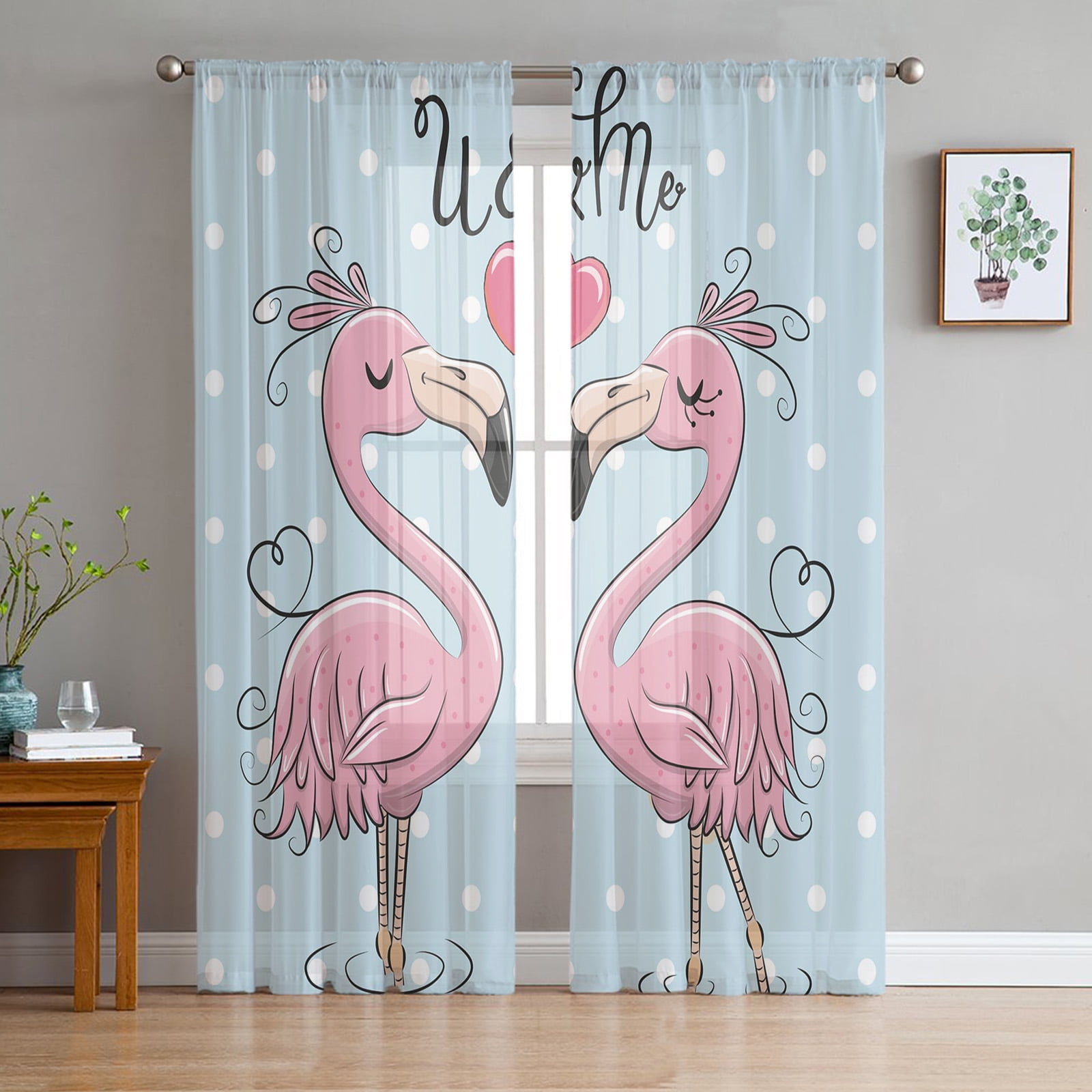 Summer Flamingo Plant Leaves Tulle Curtains for Living Room Bedroom ...