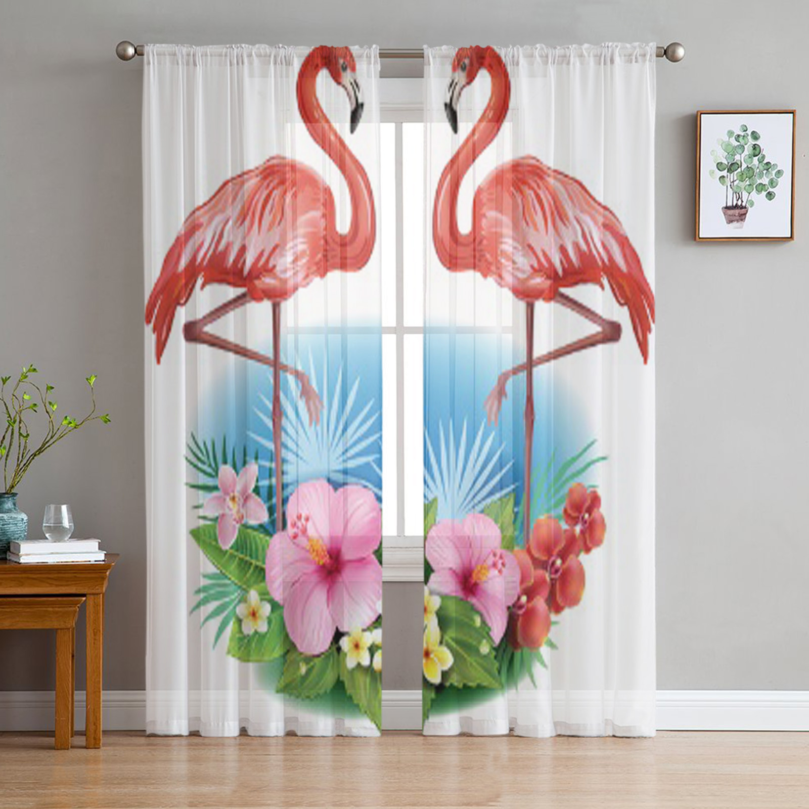 Summer Flamingo Plant Leaves Tulle Curtains for Living Room Bedroom ...