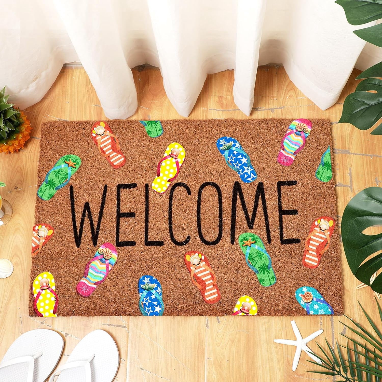 Summer Flip Flops Welcome Doormat Flip Flops Coir Doormat with Non Slip ...