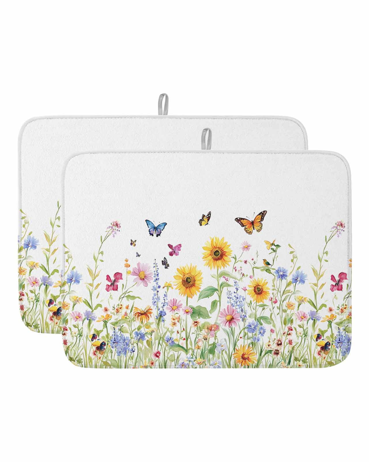 Summer Floral Butterfly Dish Drying Mat, Rustic Farm Sunflower Daisies ...