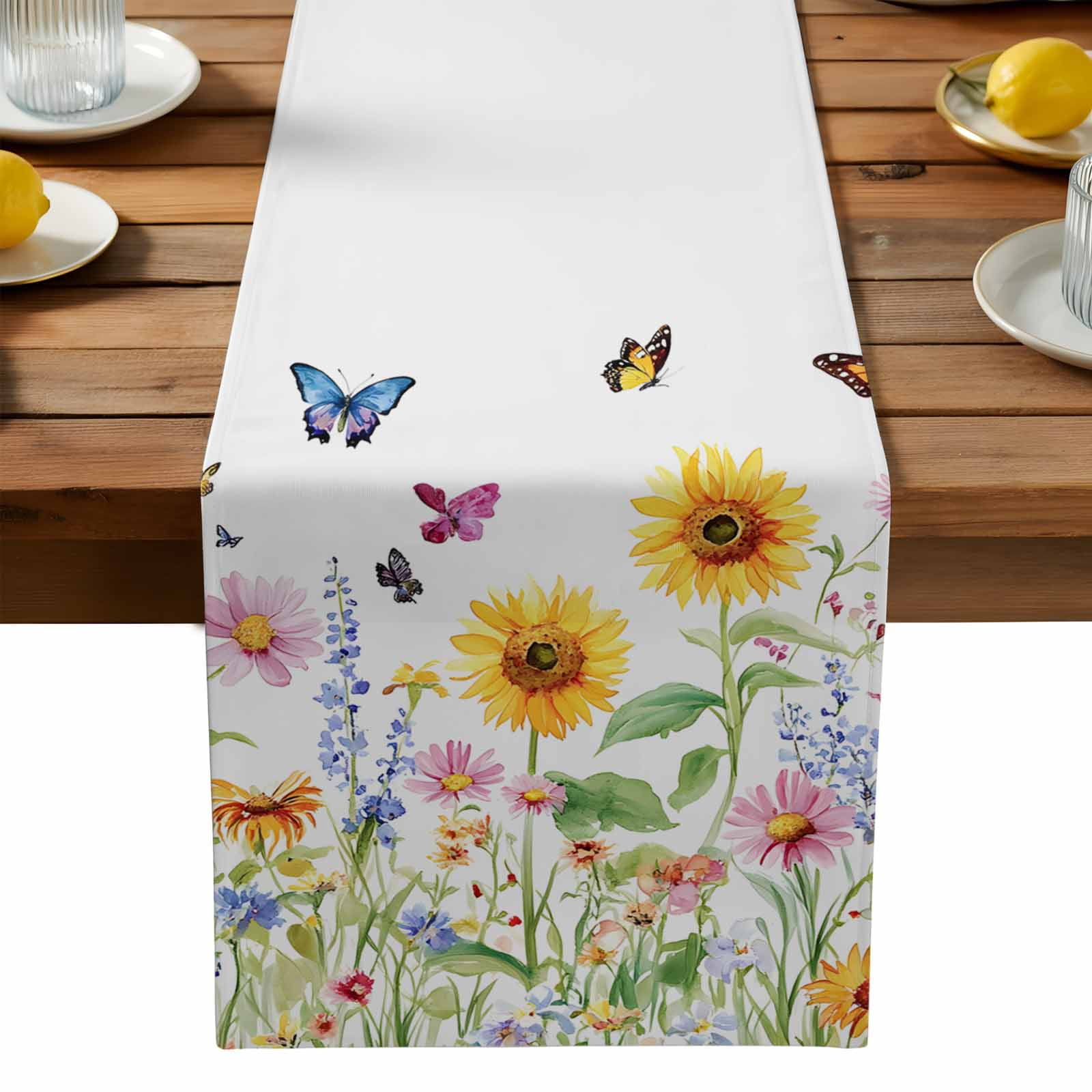 Summer Floral Butterfly Table Runner, Rustic Farm Sunflower Daisies ...