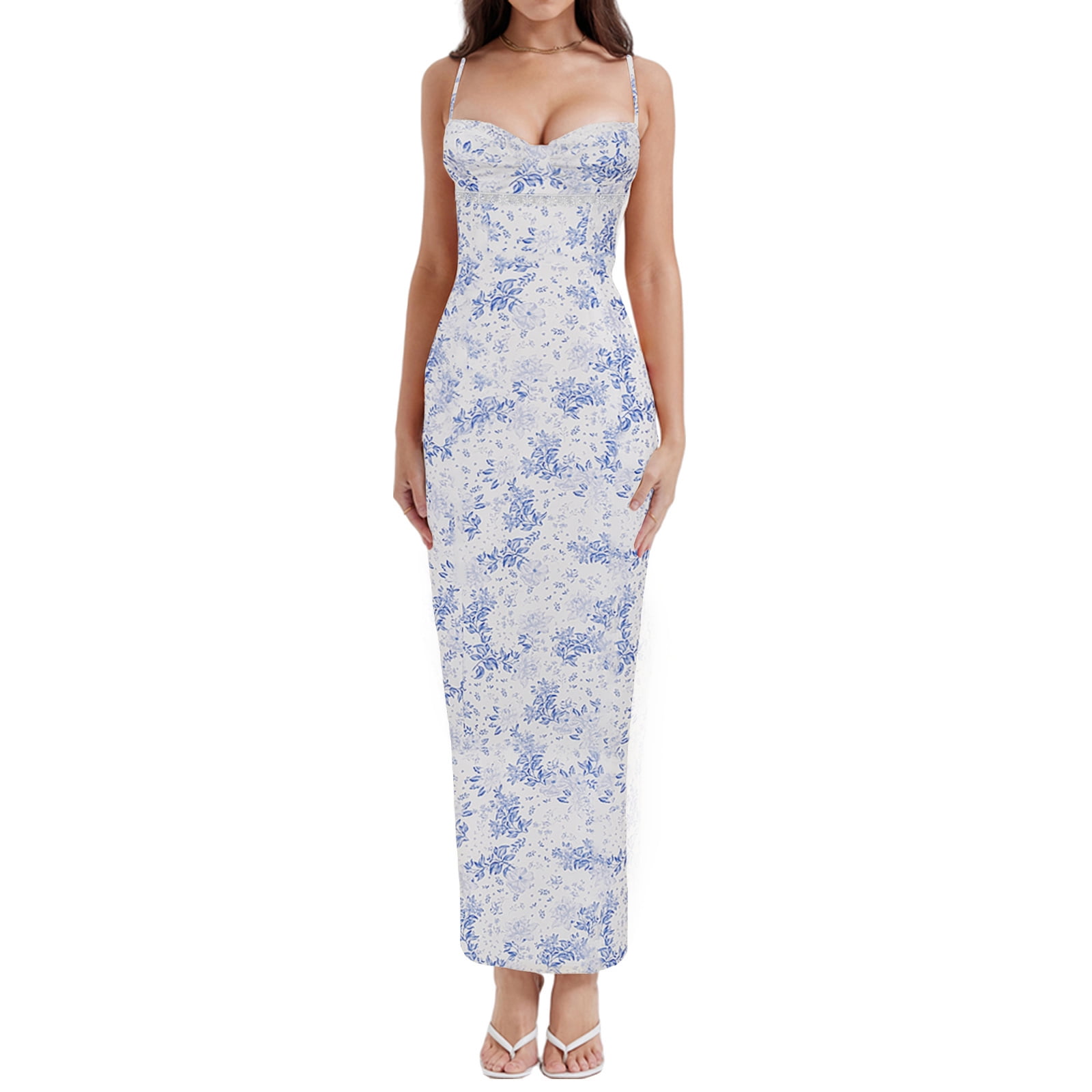 Summer Floral Maxi Dress for Women Spaghetti Strap Square Neck Ruffle ...