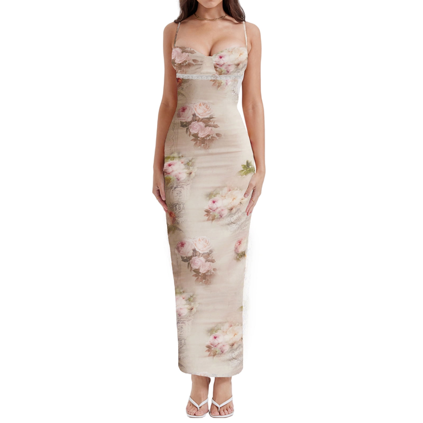 Summer Floral Maxi Dress for Women Spaghetti Strap Square Neck Ruffle ...