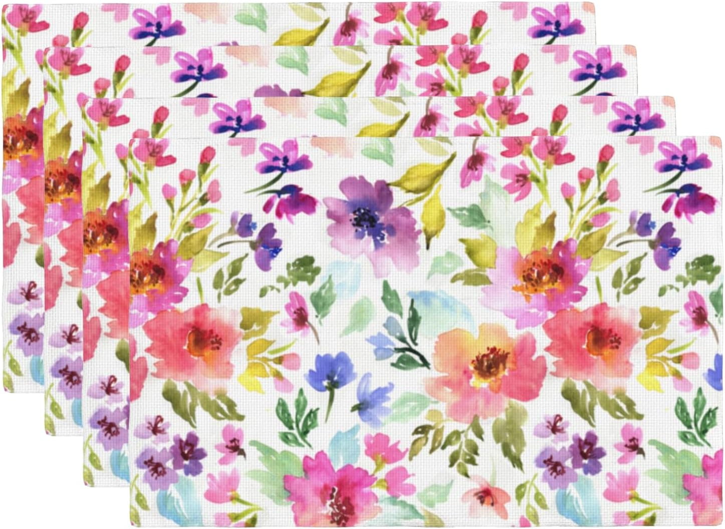 Summer Floral Placemats Set of 4 Colorful Watercolor Flowers Leaf Linen ...
