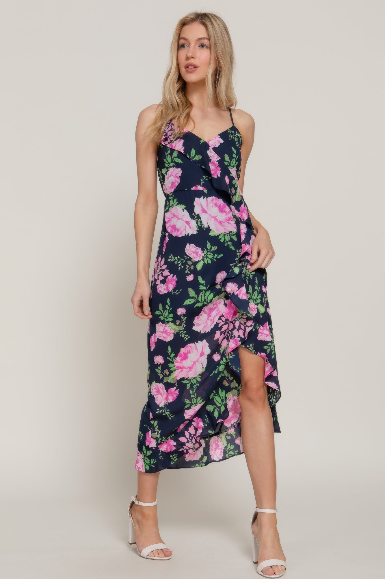 OffRoxbury Floral Print Ruffle Slip Midi Dress, Women's L - Walmart.com