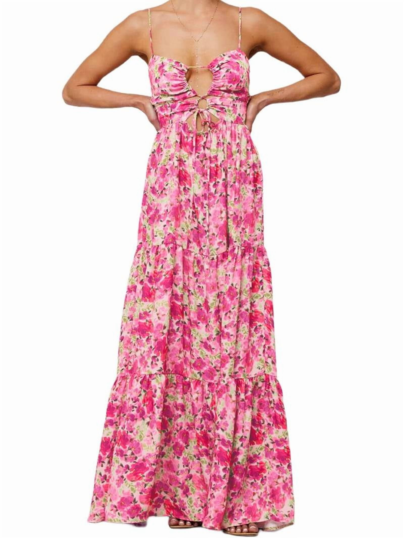 Summer Floral Sundress for Women Spaghetti Straps Hollow Out Tie Front ...