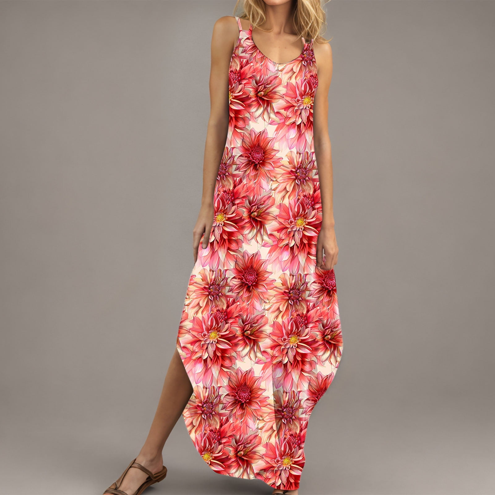 Summer Floral Sundresses for Women Girls Sleeveless V-Neck Maxi Dress ...