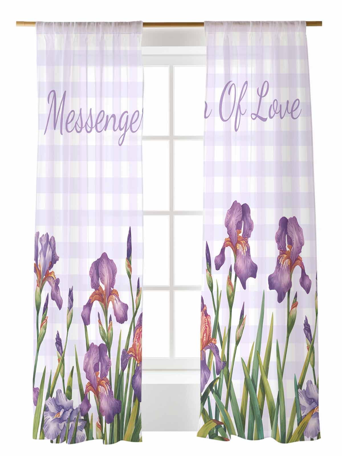 Summer Flower Iris Sheer Curtains 2 Panels Set Purple Plaid Country ...