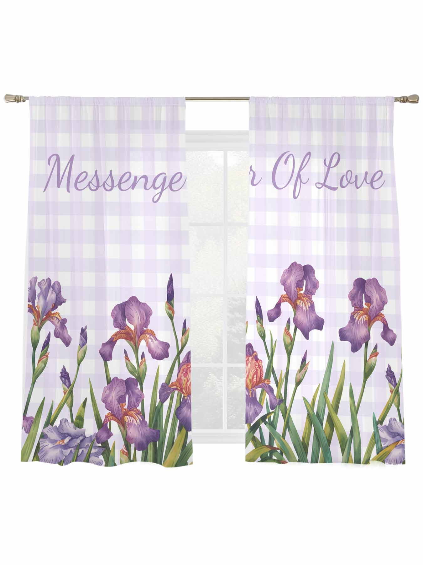 Summer Flower Iris Sheer Curtains 72 Inch Long 2 Panels, Purple Plaid ...