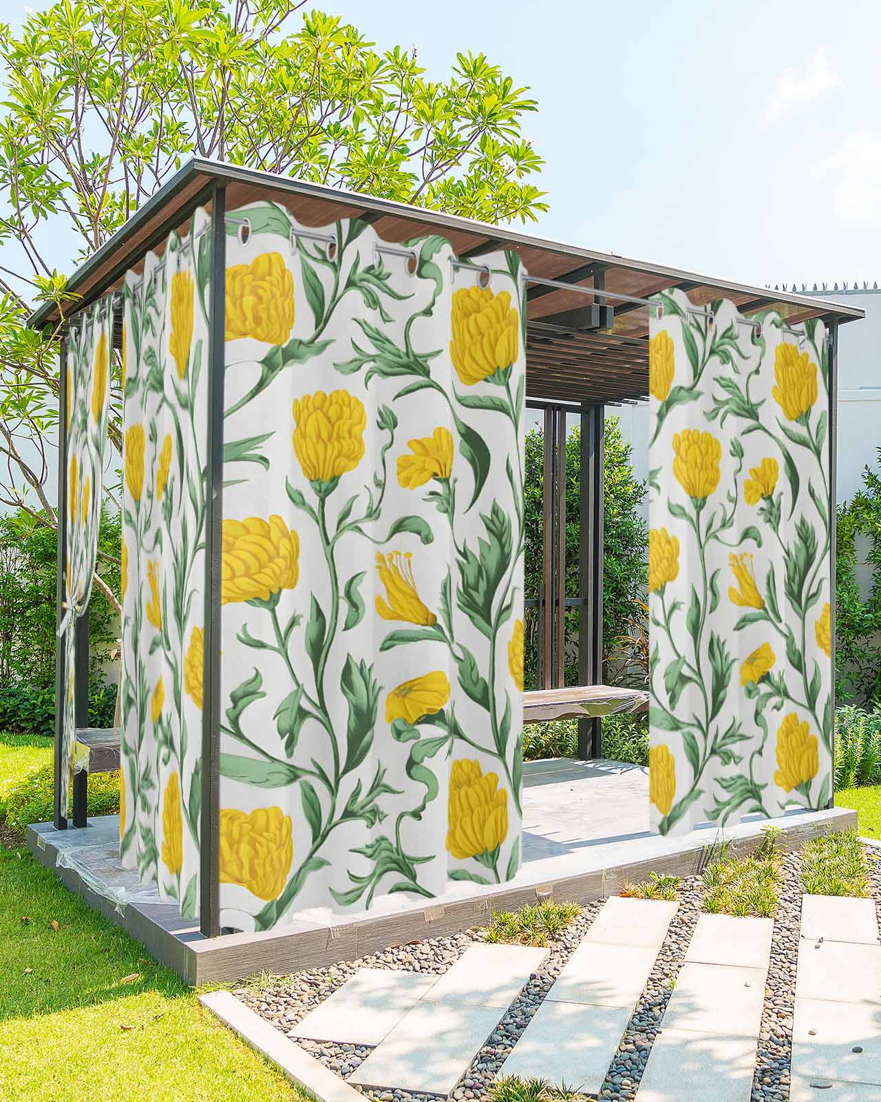 Summer Flower Outdoor Curtains for Patio, Abstract Yellow Floral Leaf ...
