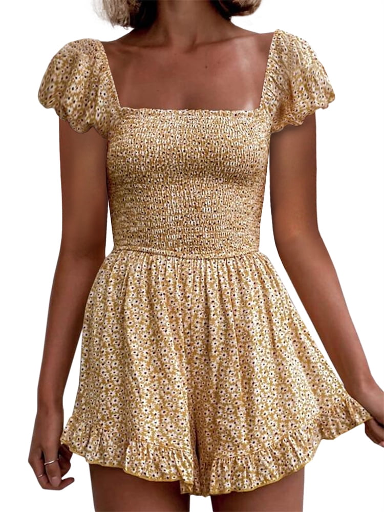 Summer Flower Print Bohemian Style Short Sleeve Women Jumpsuit Chiffon ...