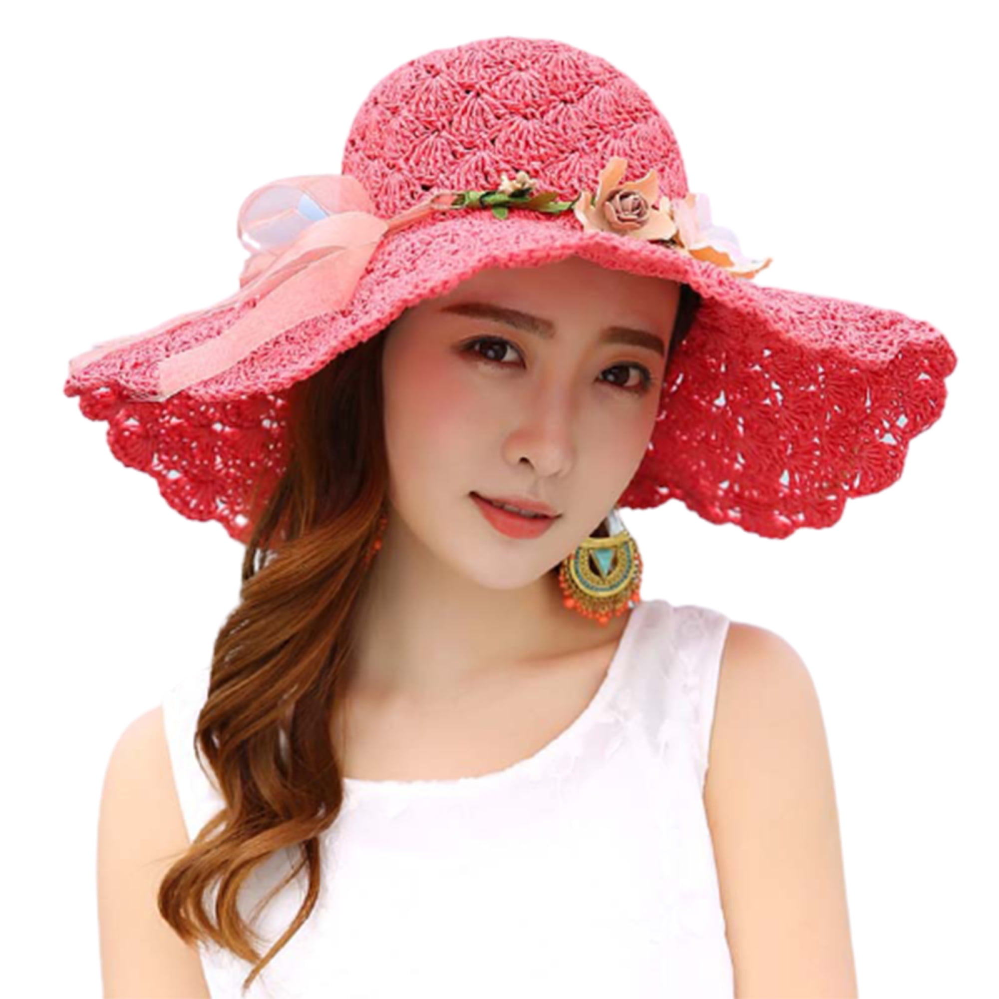 TITOUMI Summer Flower Raffia Bow Sun Hat for Women Large Brimmed Hat Folding Beach Sun ...