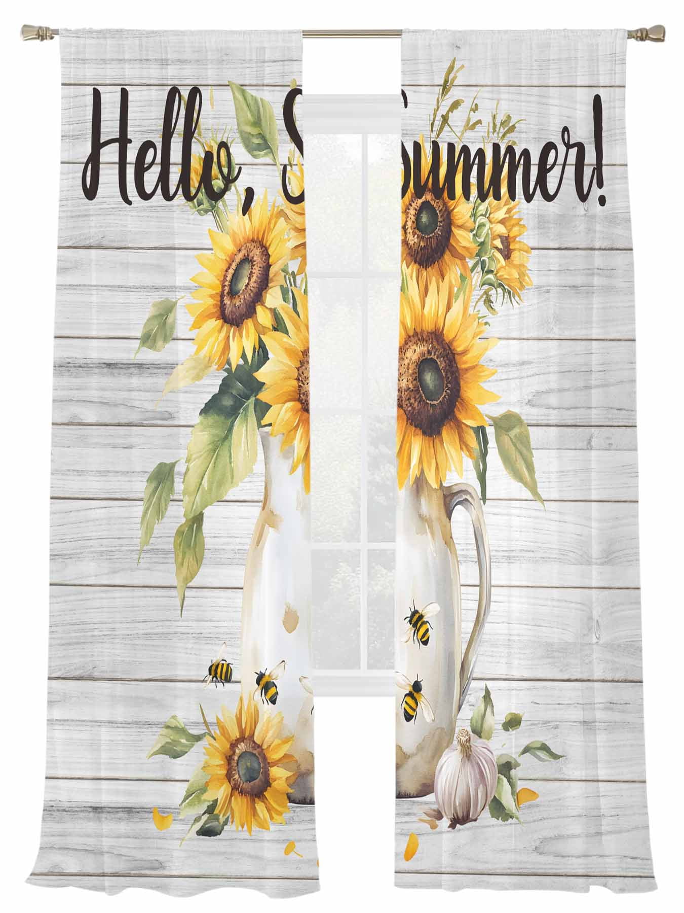 Summer Flower Sheer Curtains 2 Panels Set Country Yellow Sunflower Bee ...