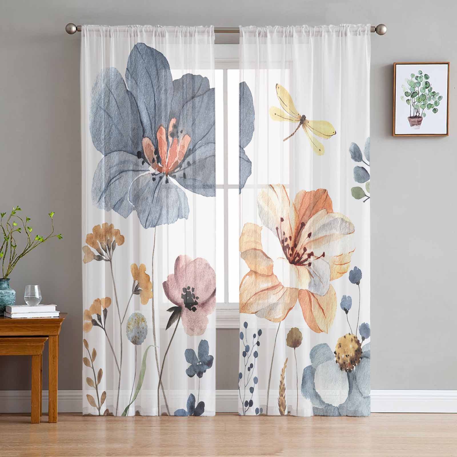 Summer Flowers And Plants Sheer Curtains for Living Room Kitchen Tulle ...