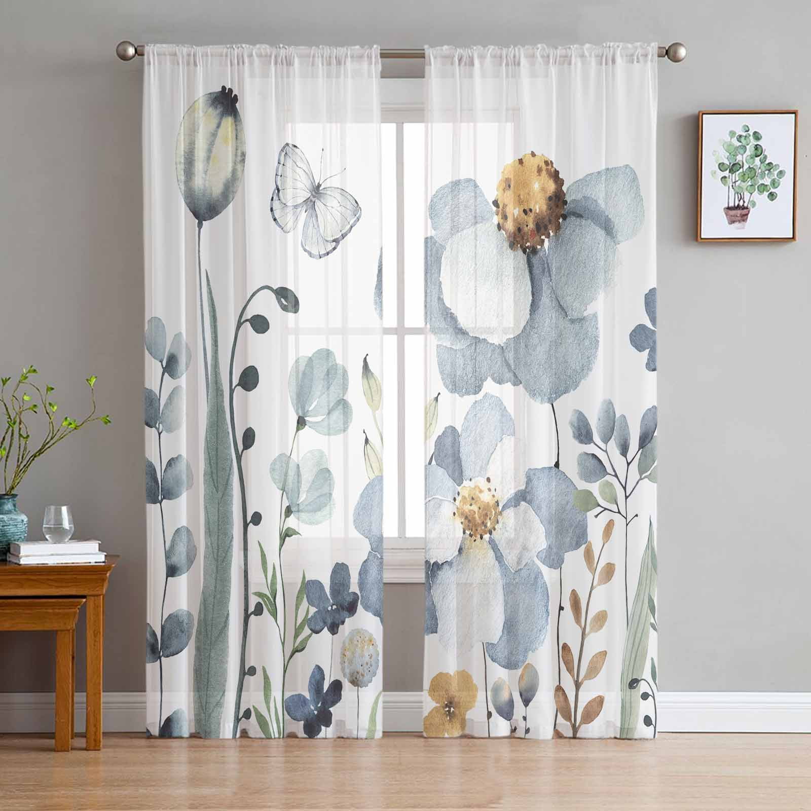 Summer Flowers And Plants Triangle Tulle Sheer Window Curtains For ...