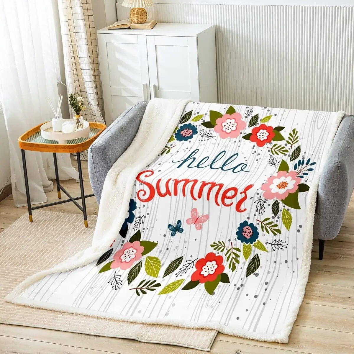 Summer Flowers Bed Throws Watercolor Floral Green Leaves Butterflies ...