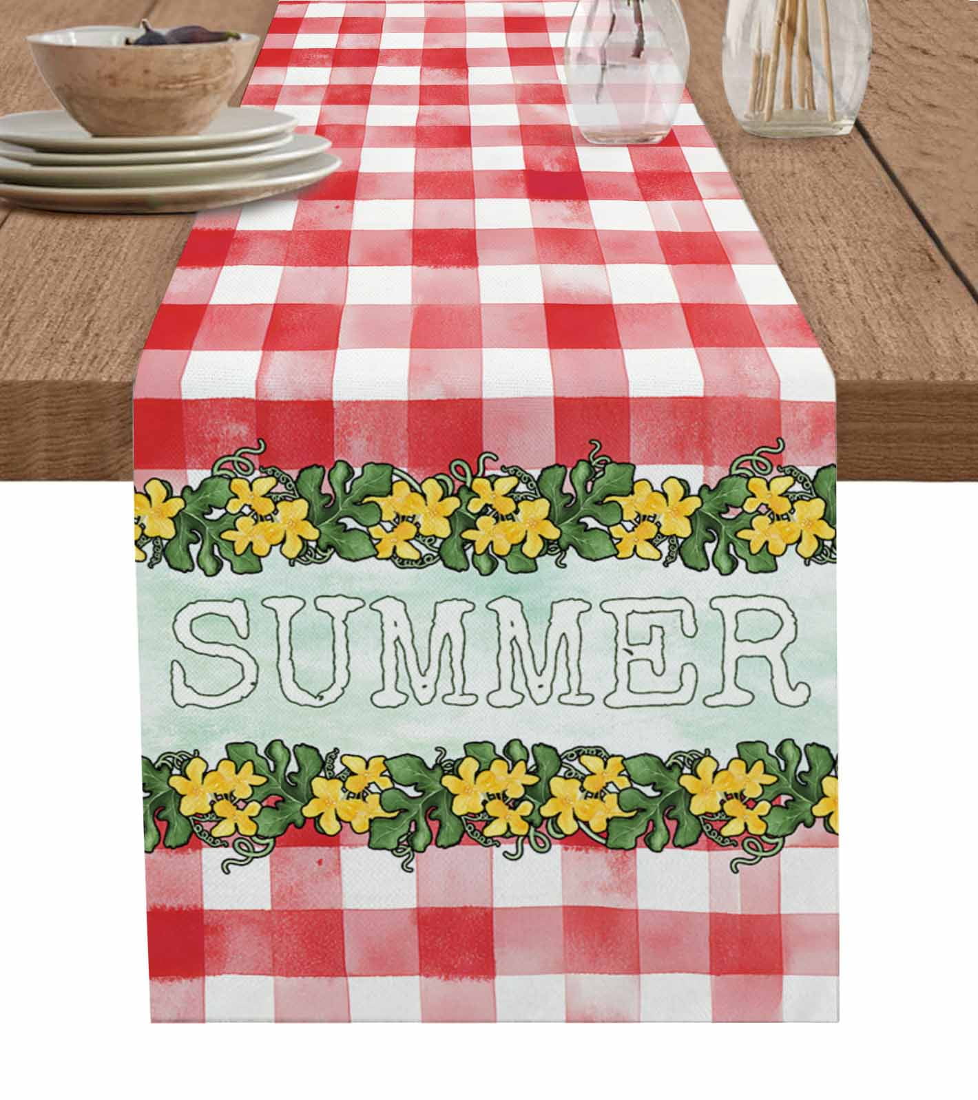 Summer Flowers Burlap Cotton Table Runner 13x70 Inches Long, Leaves Red ...