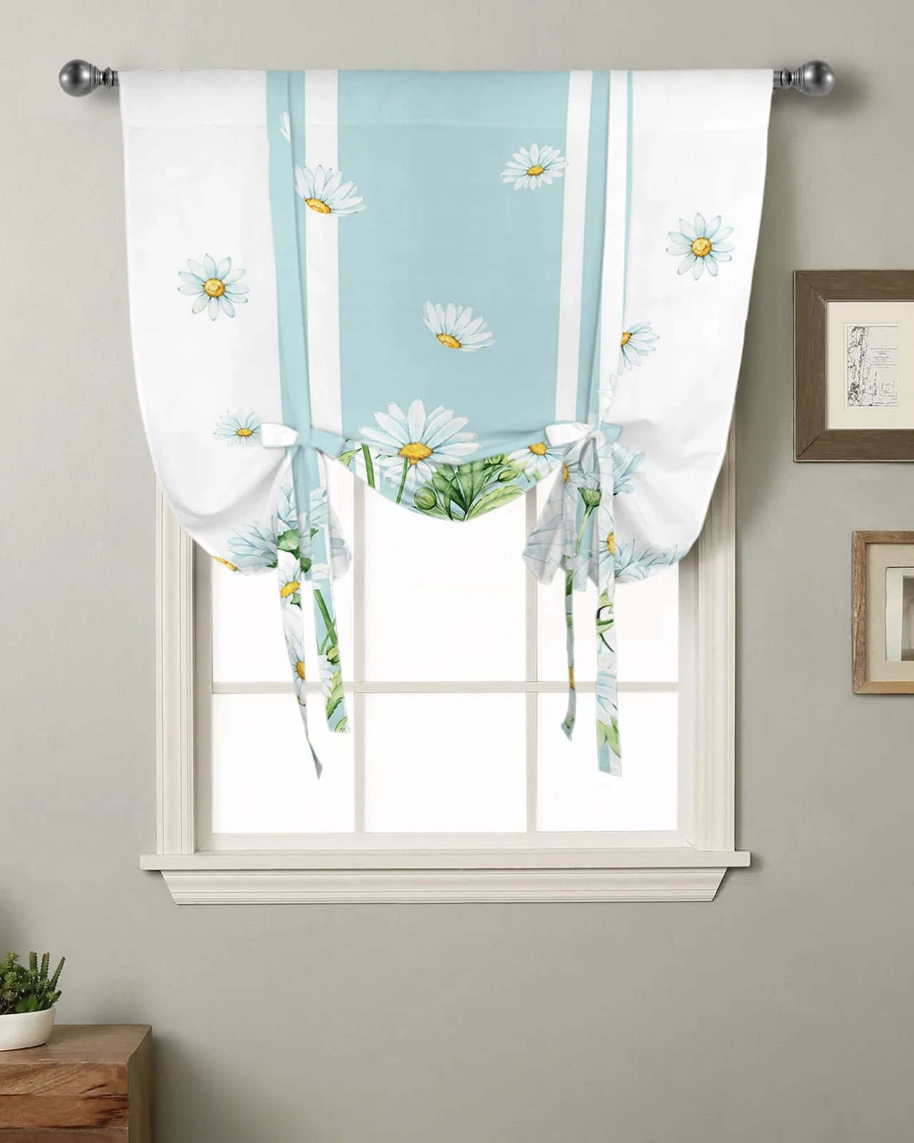 Summer Flowers Daisies Watercolor Blue Kitchen Short Window Curtain ...