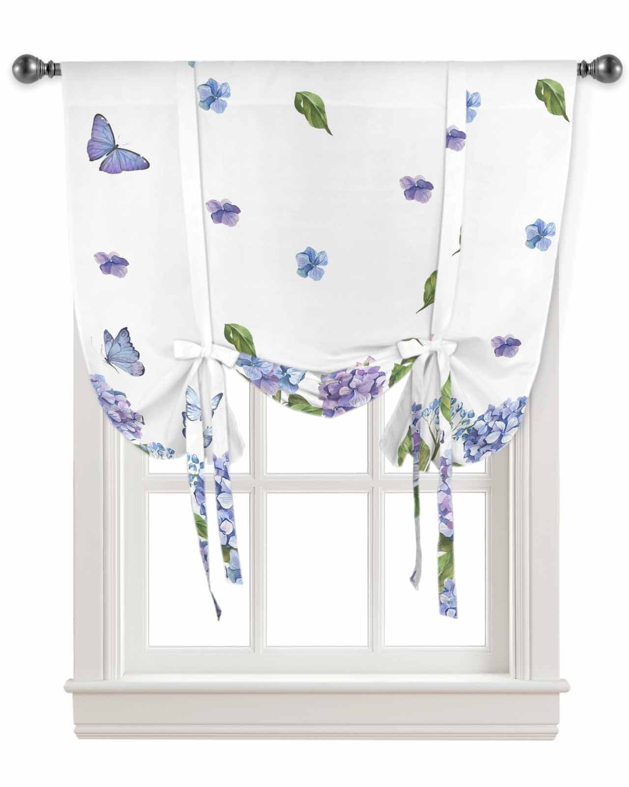 Summer Flowers Hydrangea Window Curtains Tie Up Curtains for Kitchen Living Room Adjustable Rod ...