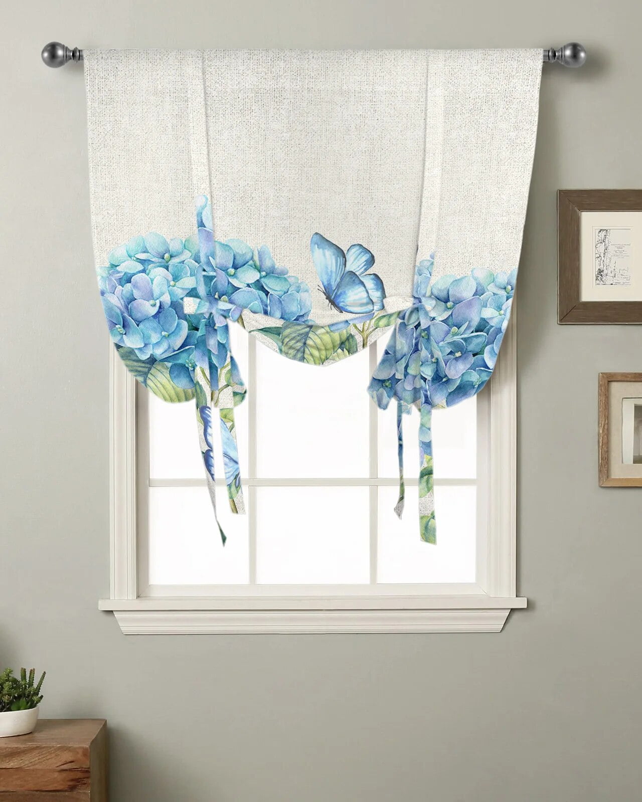 Summer Flowers Hydrangeas Butterflies Kitchen Short Window Curtain ...