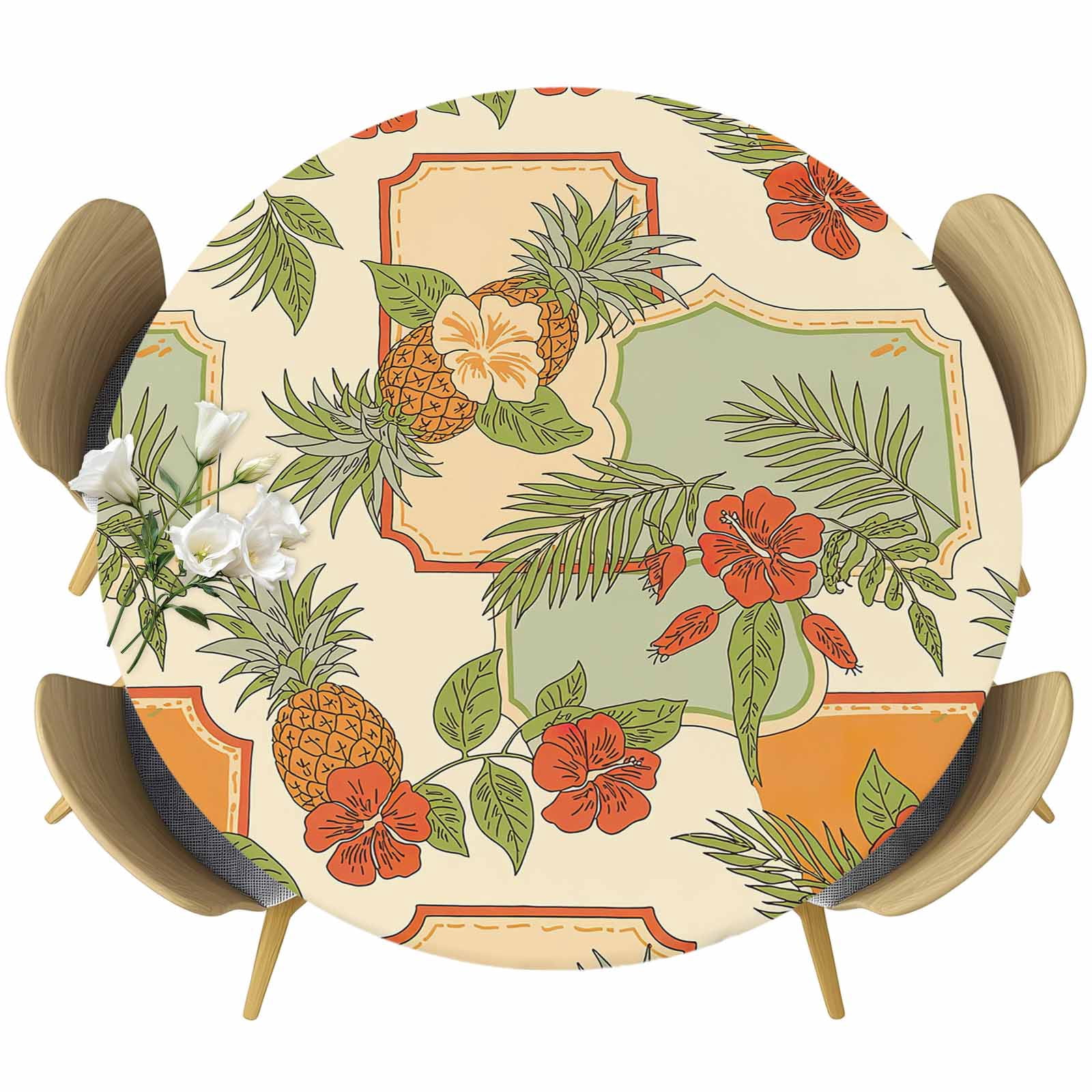 Summer Flowers Round Tablecloth, Fitted Table Cover with Elastic for 55 ...