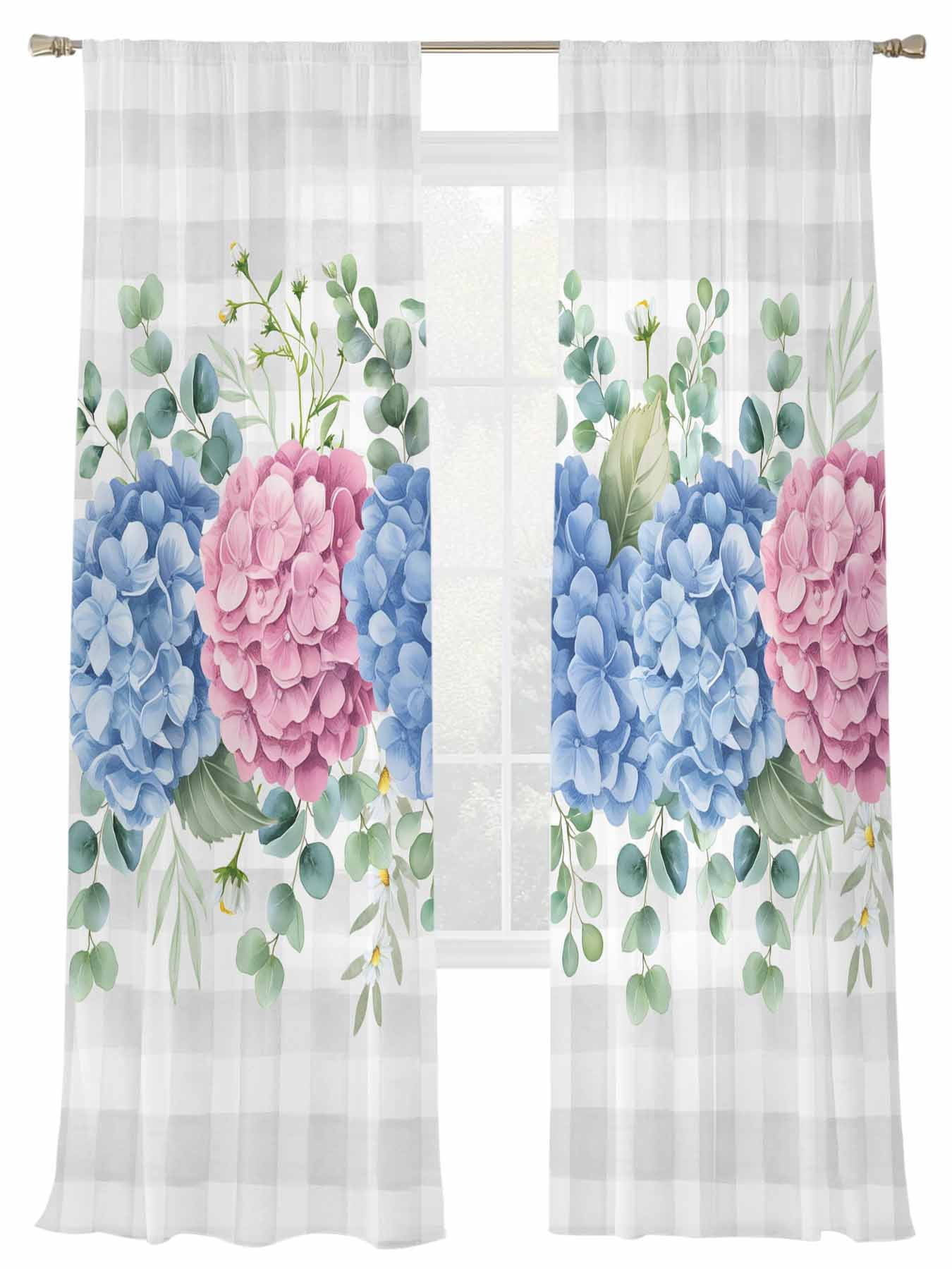 Summer Flowers Sheer Curtains 2 Panels Set Pink Blue Hydrangea ...