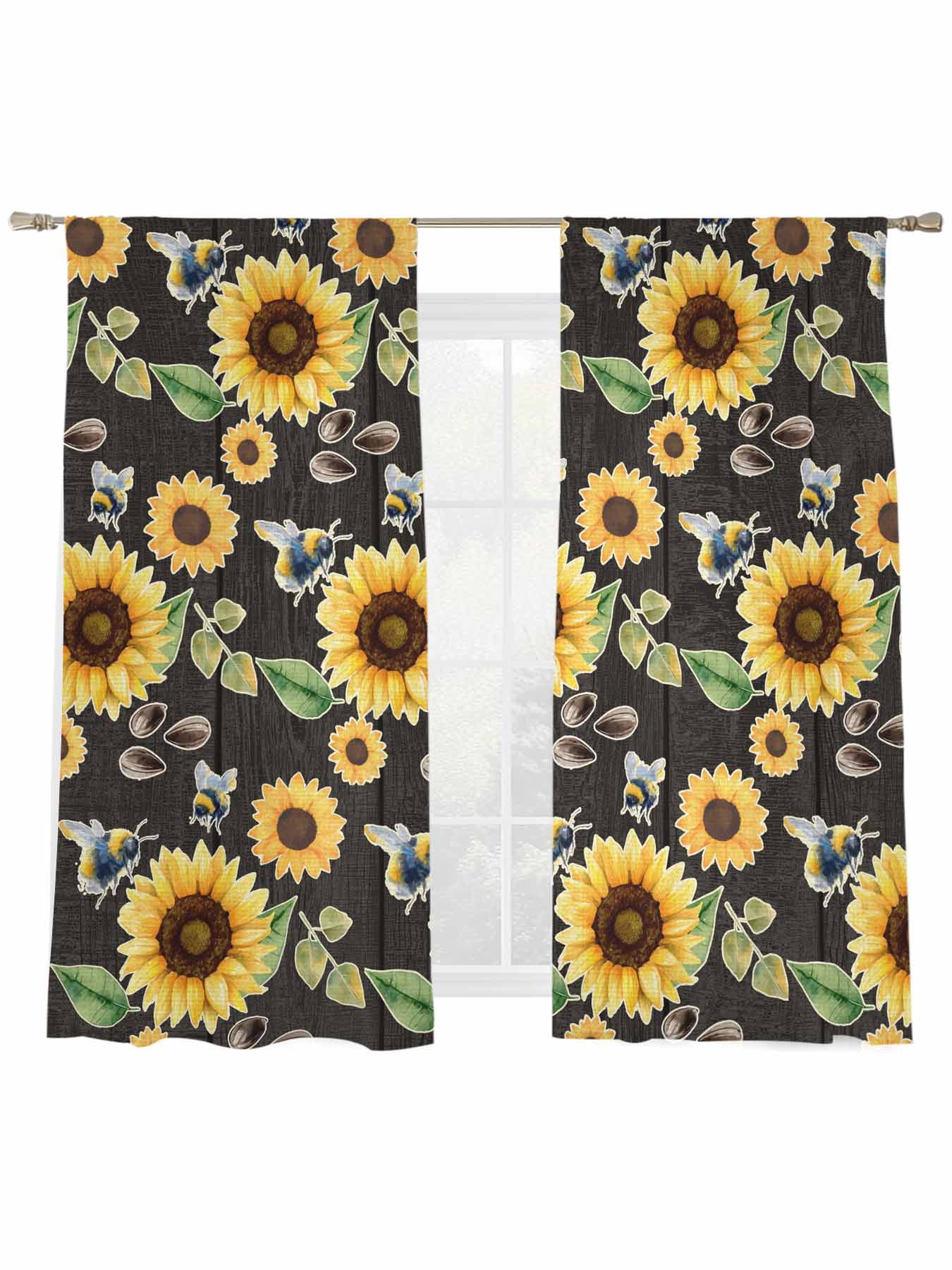 Summer Flowers Sheer Curtains 2 Panels Set Watercolor Sunflower Seeds ...