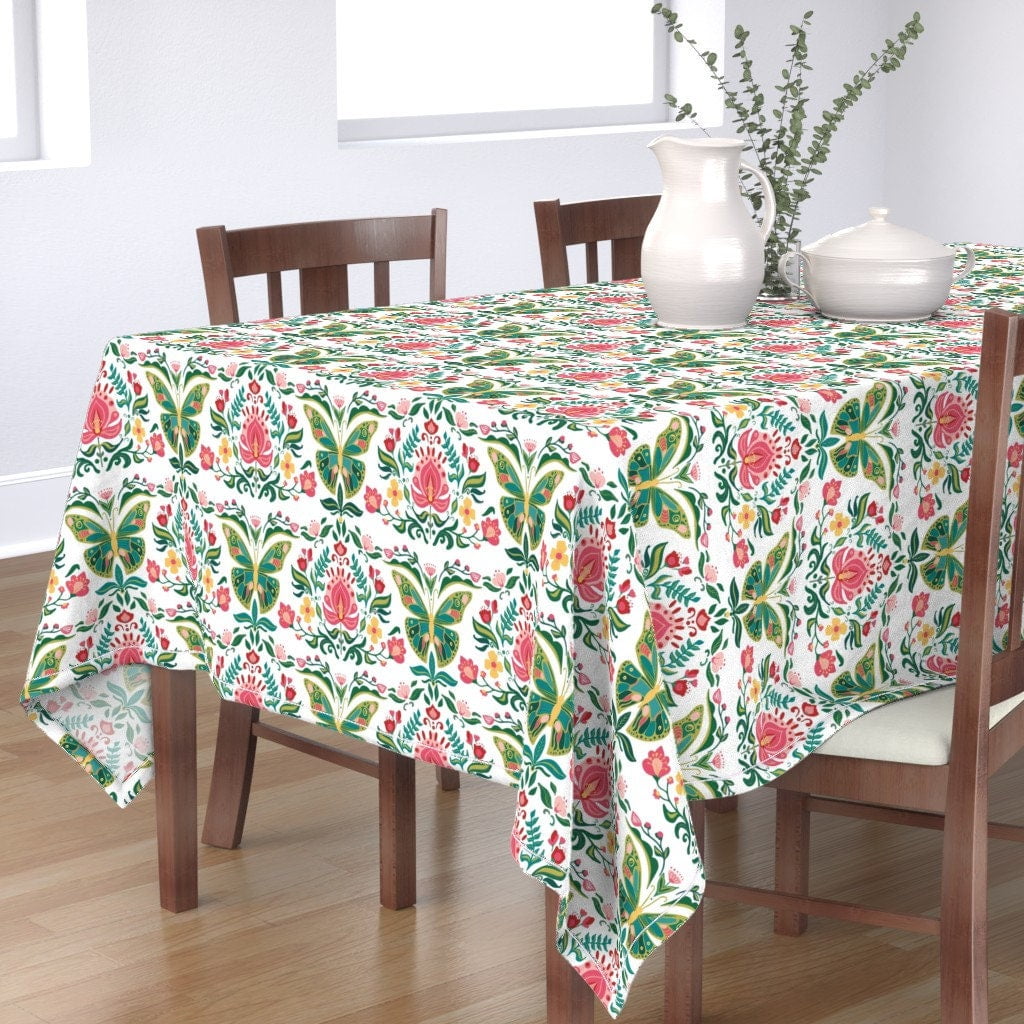 Summer Folk Art Tablecloth - Butterfly- Floral Green Leaves Tranquil ...