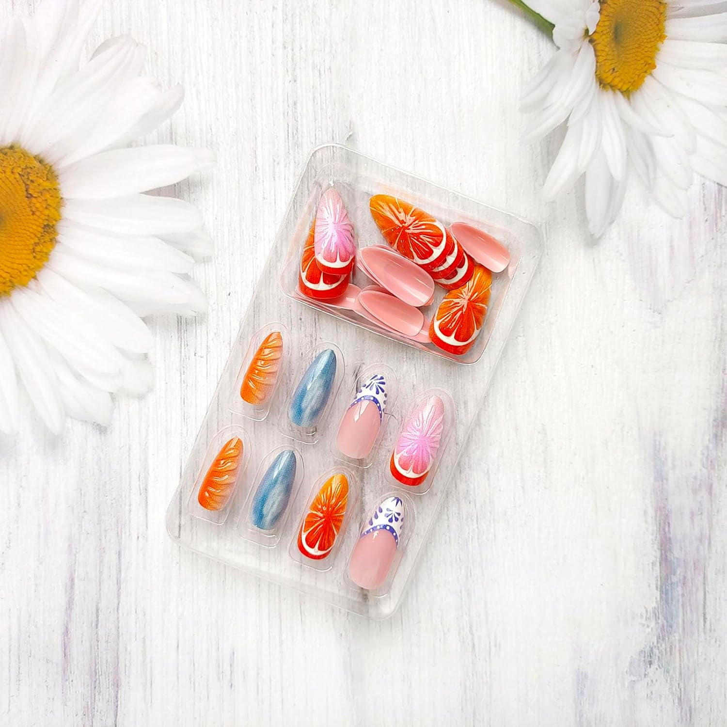 Summer French Tip Press on Nails, Almond Fake Nails with 3D Relief ...