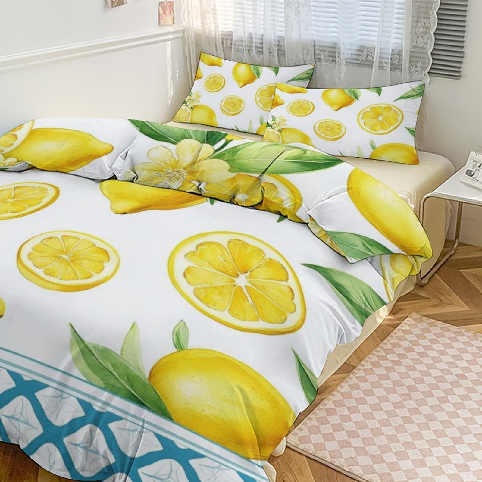 Summer Fresh Lemon Plaid 90"x90" 3 Pcs Soft Bedding Set, Includes Duvet ...