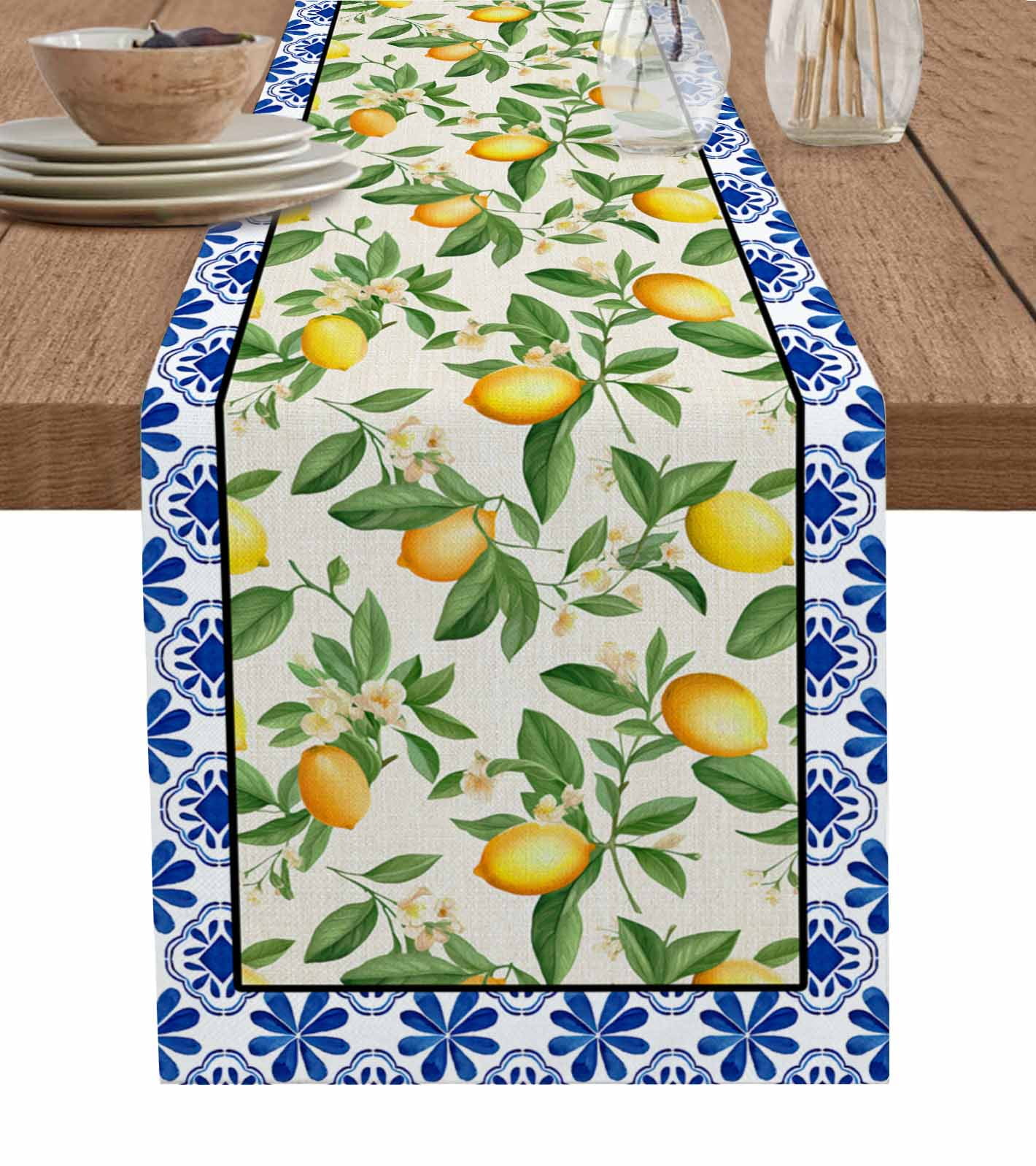 Summer Fresh Lemon Plaid Linen Table Runner Kitchen Table ration ...