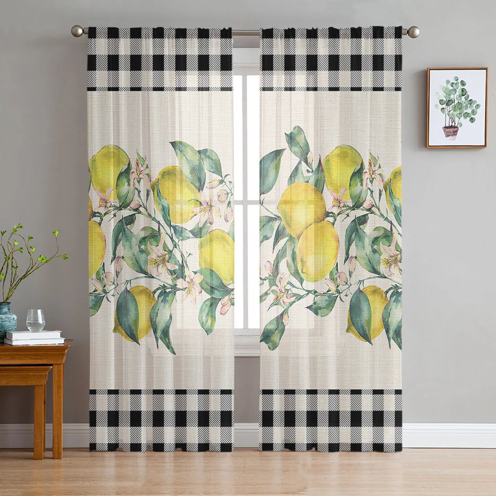 Summer Fresh Lemon Plaid Sheer Window Curtains for Living Room Kitchen ...