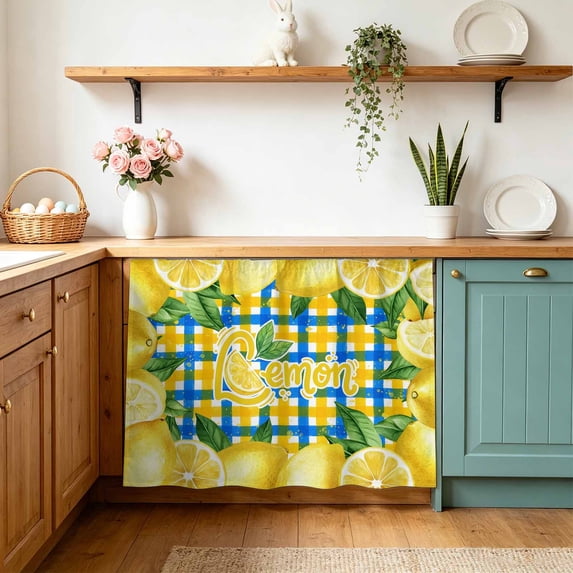 Summer Fruit Cabinet Curtains 10" W x 11" L, Lemon Frame Letter Print ...
