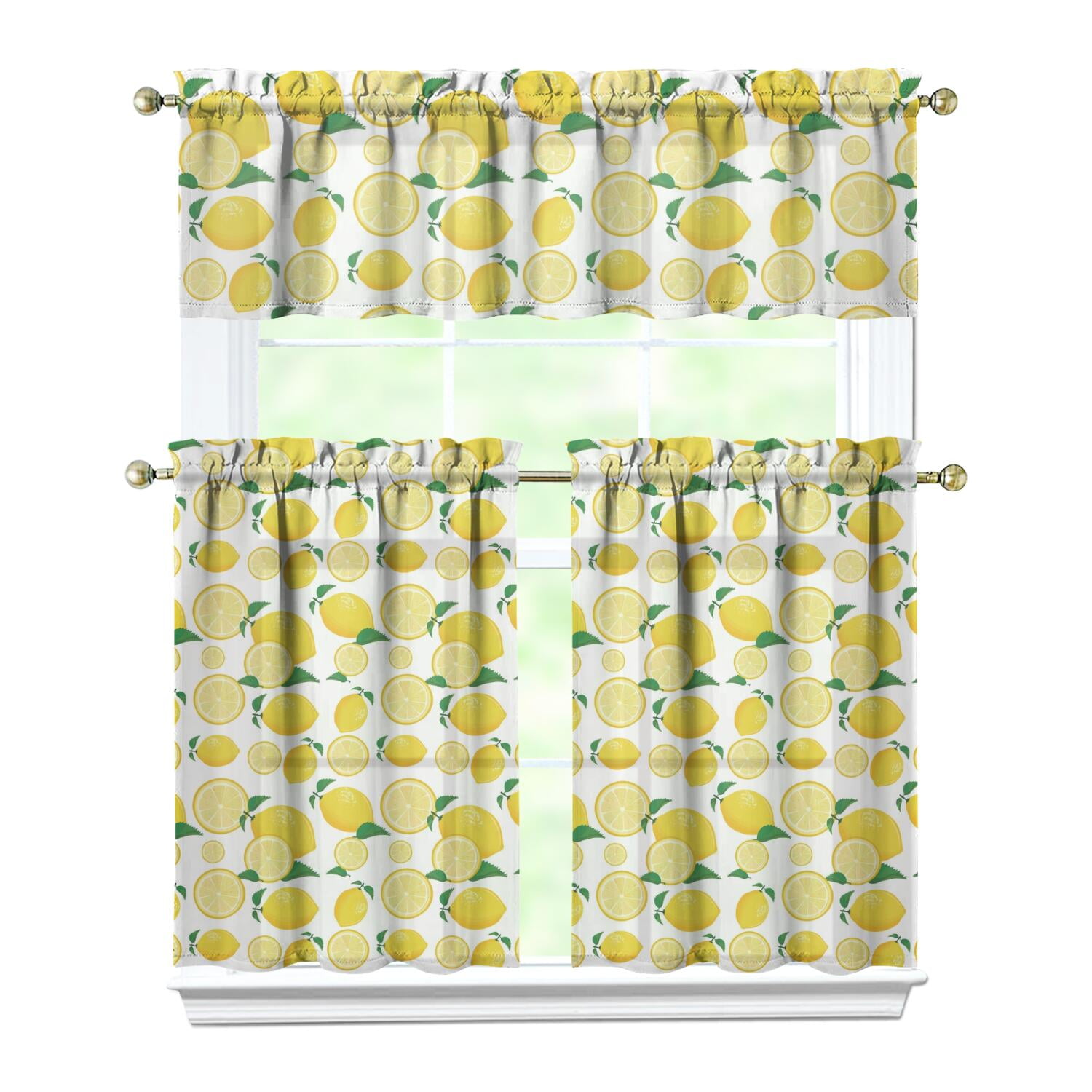 Summer Fruit Print Kitchen Curtains Set - Refreshing Lemon Yellow Tier Curtains, Modern ...