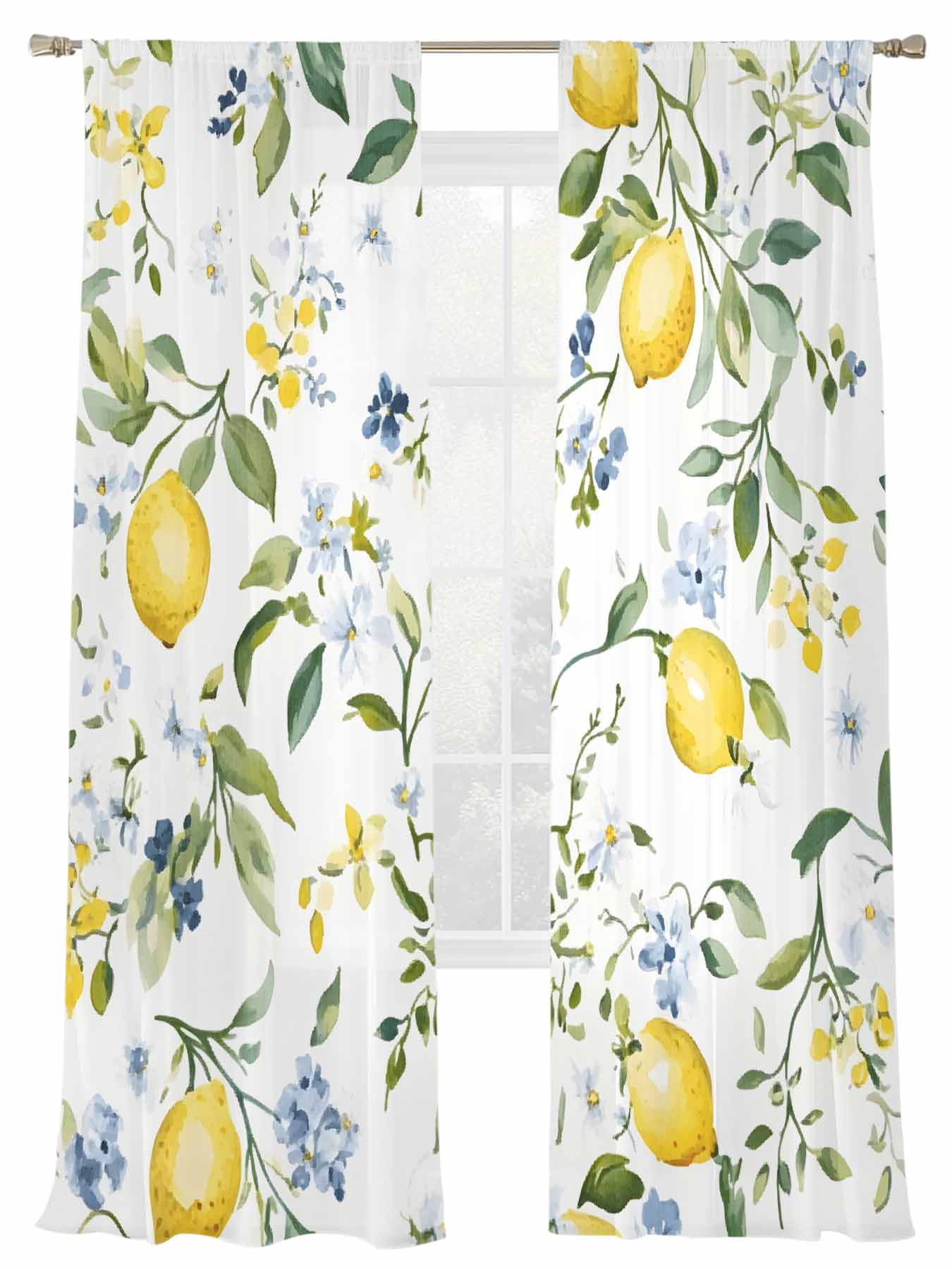 Summer Fruit Sheer Curtains 2 Panels Set Lemon Blue Flowers Green ...