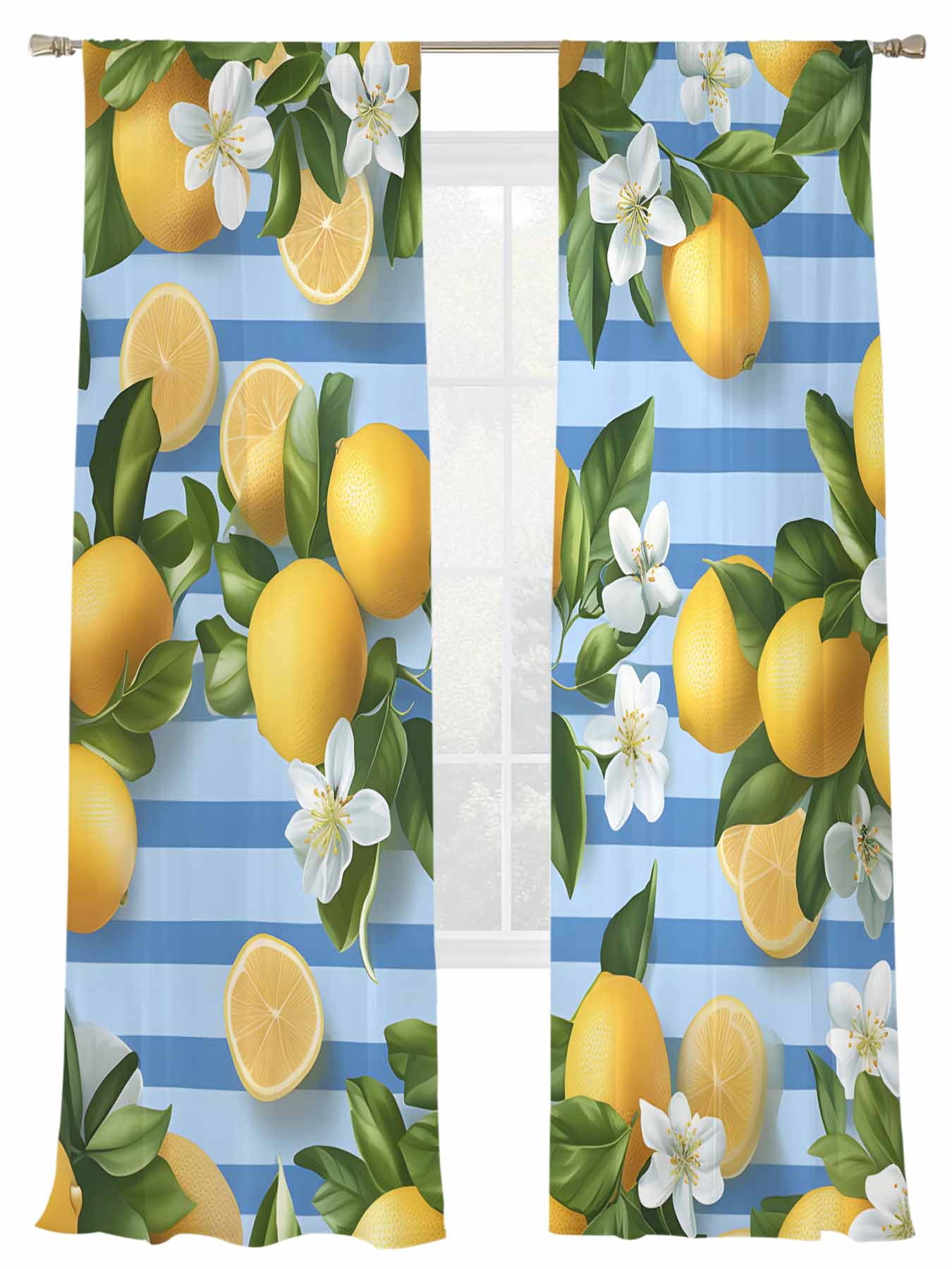 Summer Fruit Sheer Curtains 2 Panels Set Lemon White Flowers Blue ...