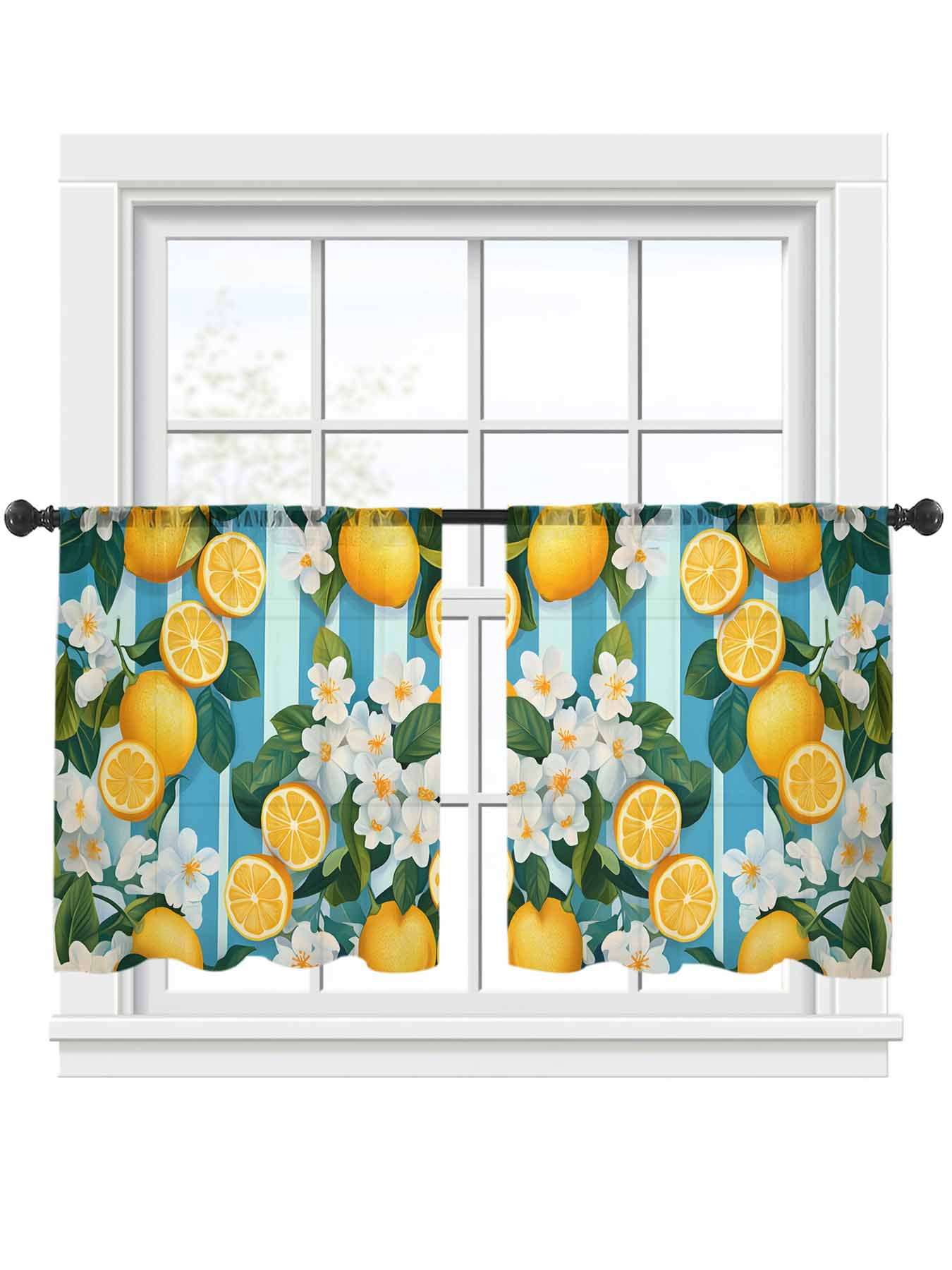 Summer Fruit Sheer Curtains 2 Panels Set Lemon White Flowers Leaf Blue ...