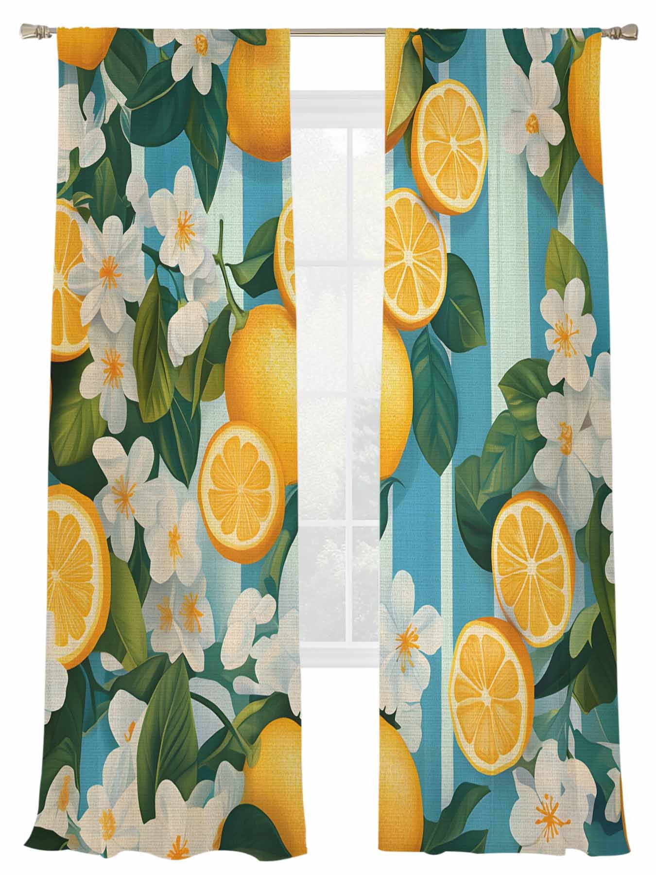 Summer Fruit Sheer Curtains 2 Panels Set Lemon White Flowers Leaf Blue ...