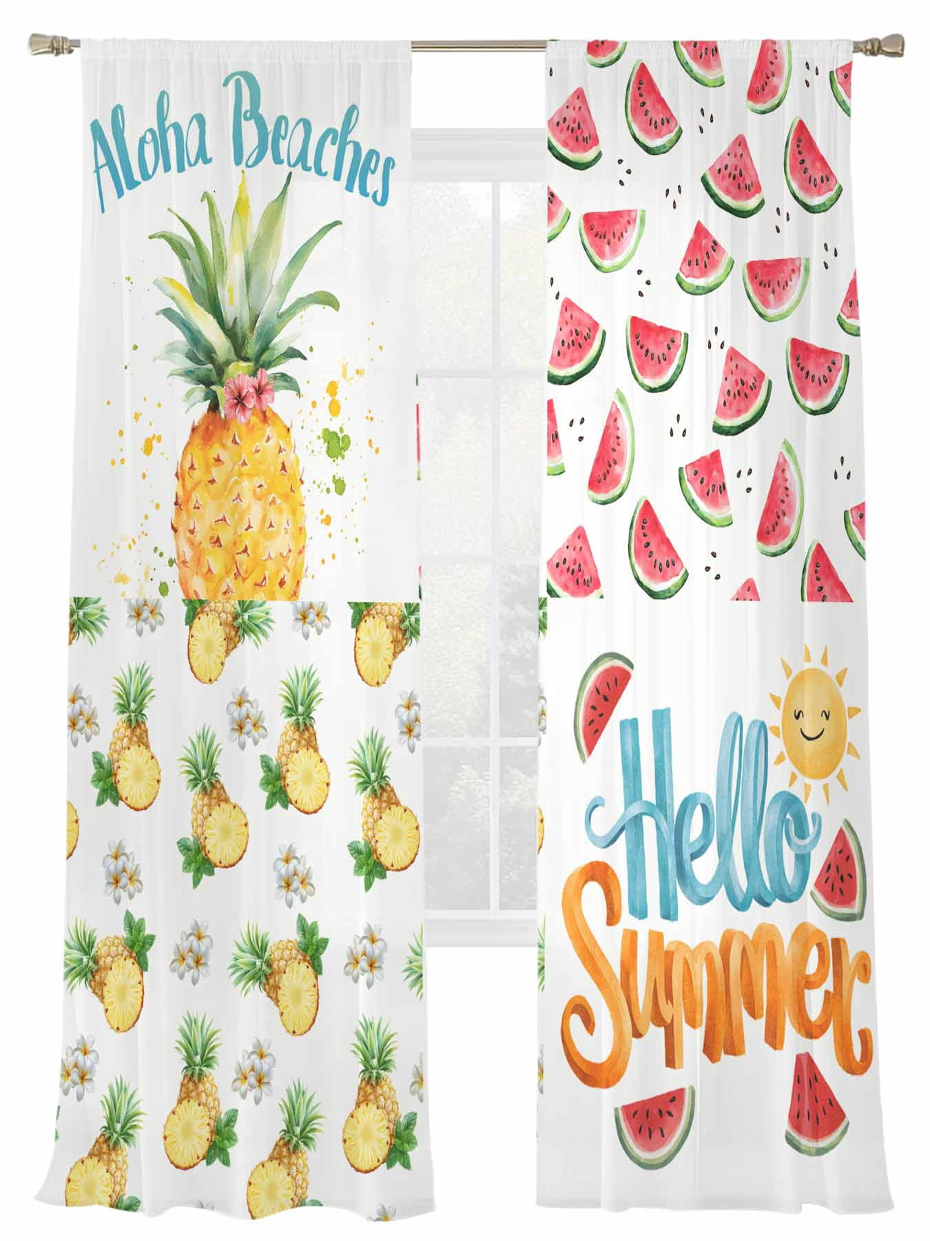 Summer Fruit Sheer Curtains 2 Panels Set Pineapple Watermelon Sheer ...
