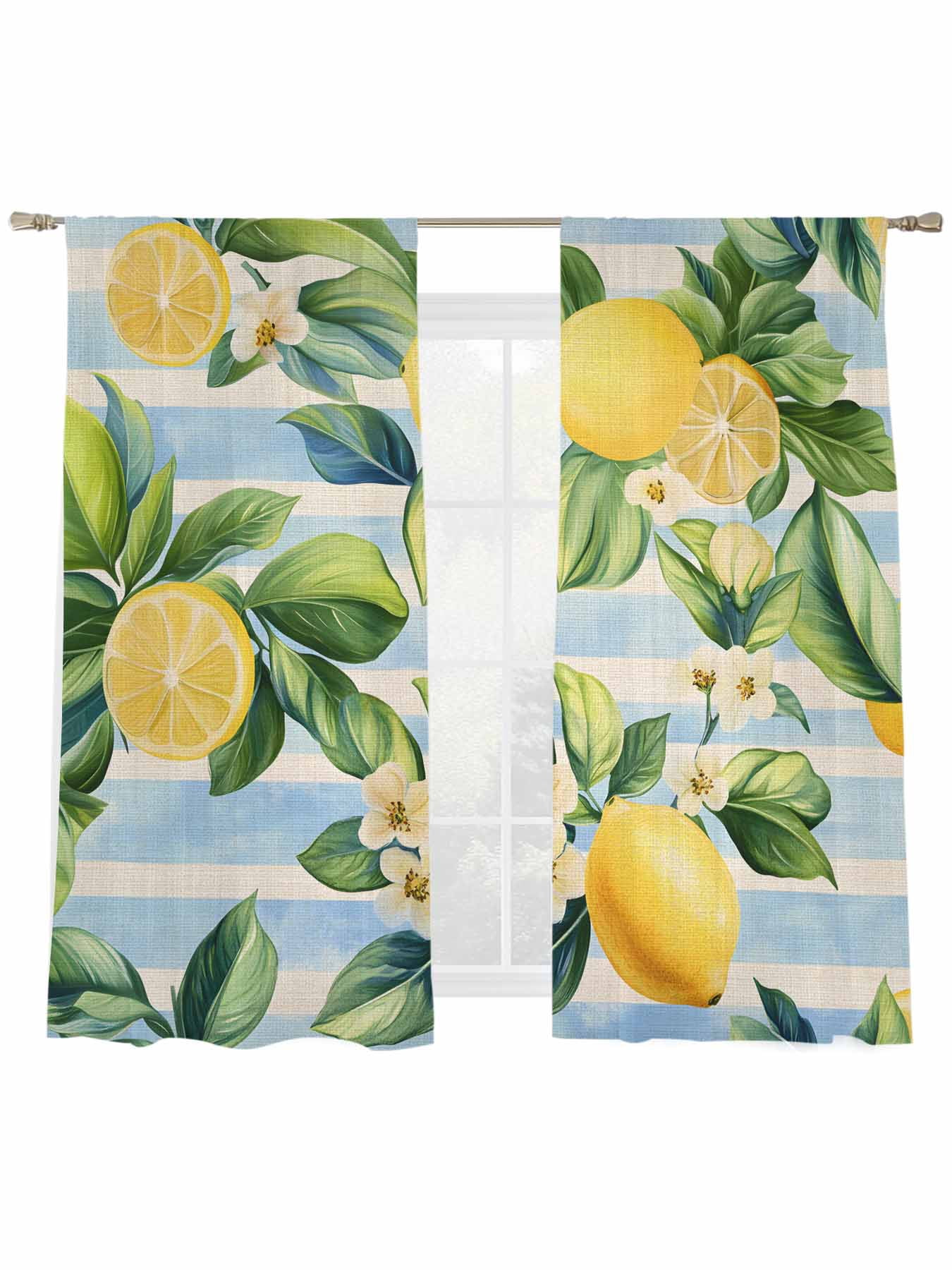 Summer Fruit Sheer Curtains 2 Panels Set White Flowers Lemon Leaf Blue ...