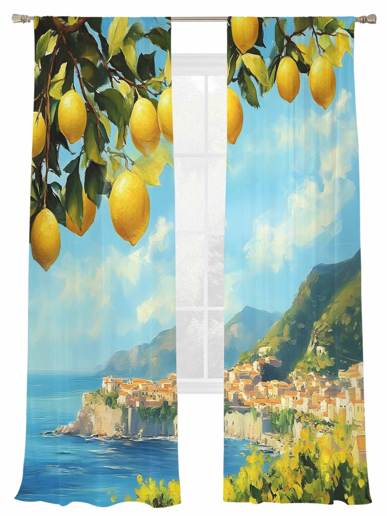 Summer Fruit Sheer Curtains 96 Inch Long 2 Panels, Yellow Lemon Blue ...