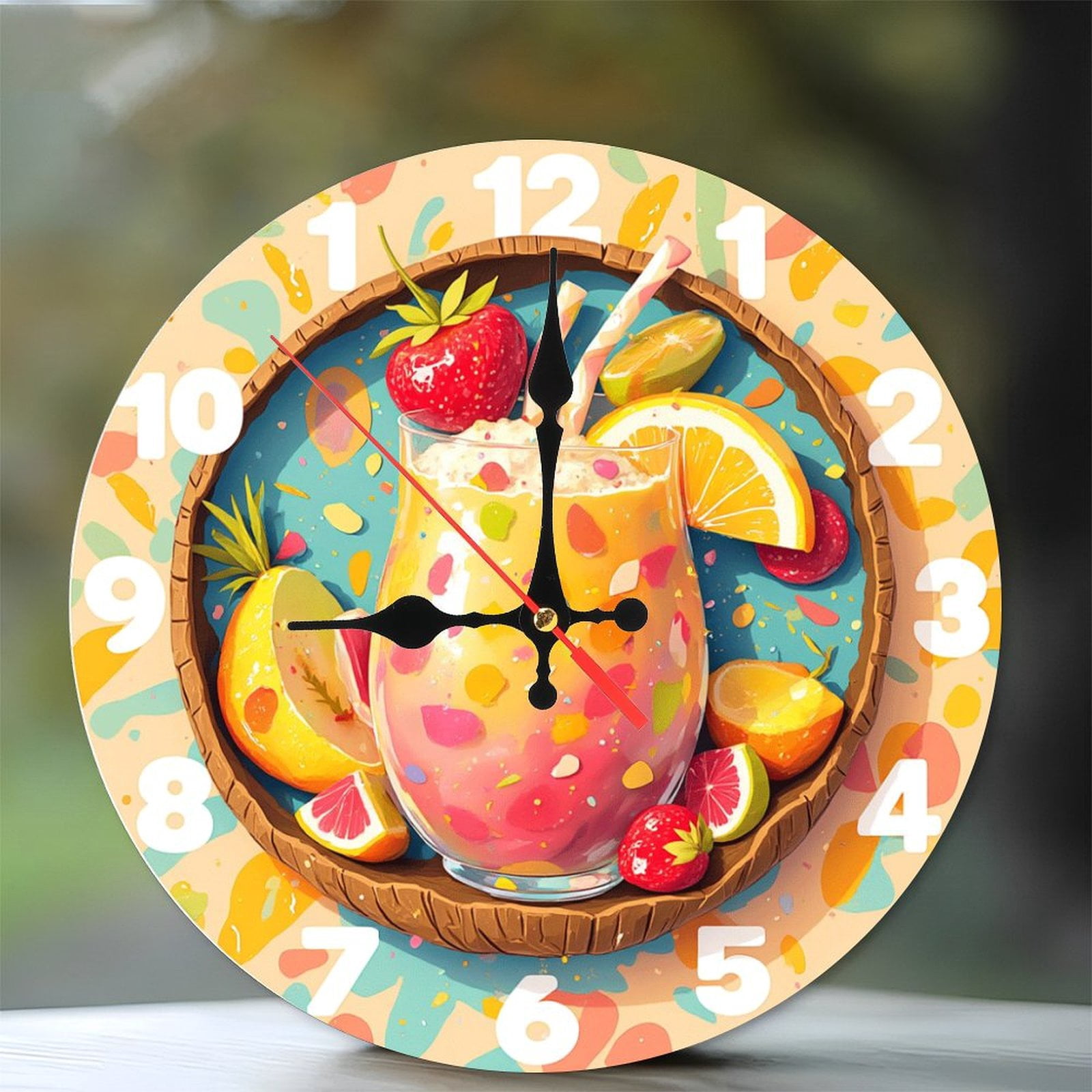 Summer Fruit Smoothie Clock Wall Decor 10-Inch Silent Wooden Wall Clock ...