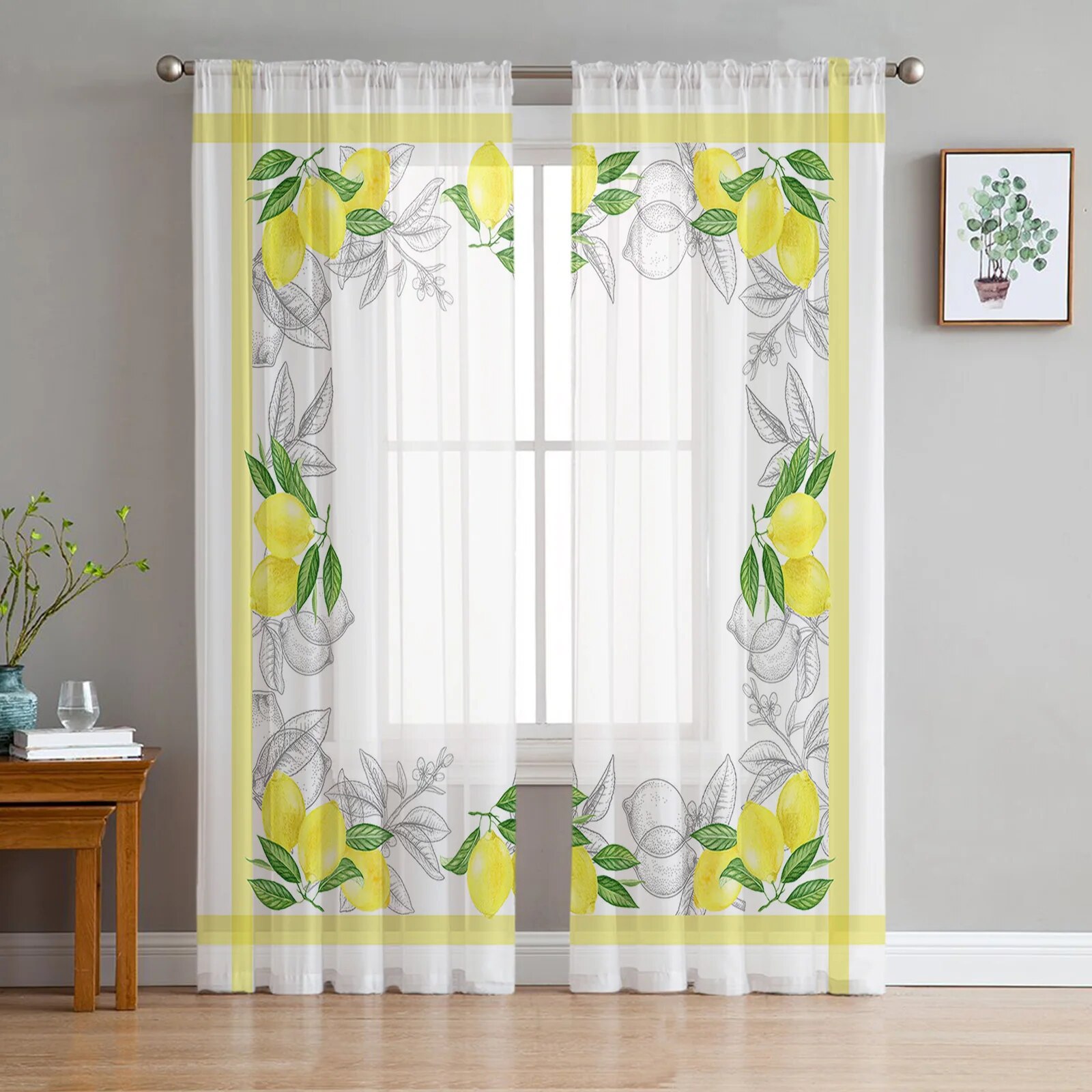 Summer Fruit Watercolor Lemon Tulle Voile Curtains For Bedroom Window ...