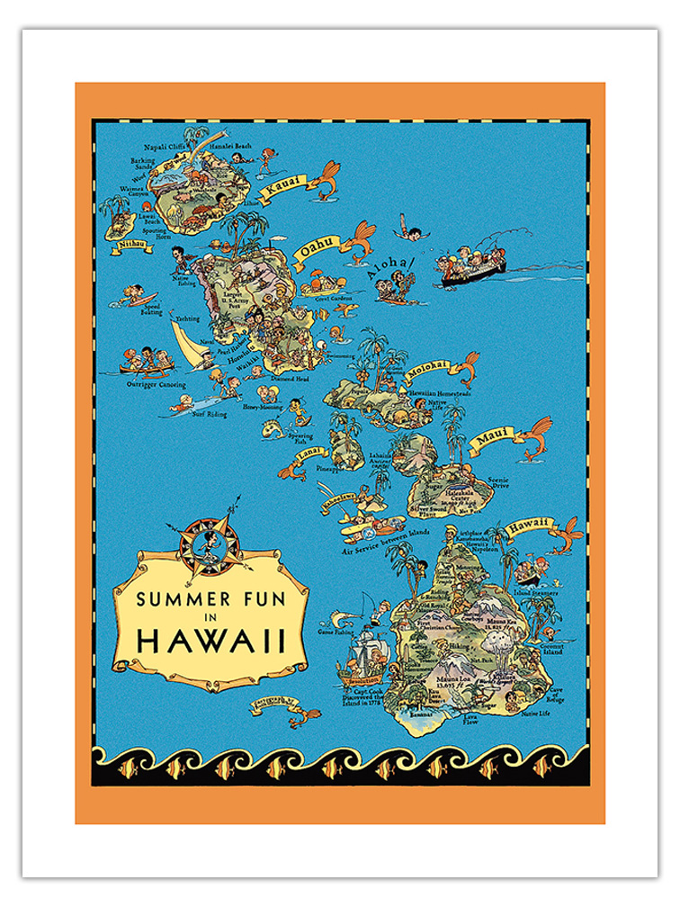 Summer Fun in Hawaii Map - Hawaii Tourist Bureau - Vintage Pictorial ...
