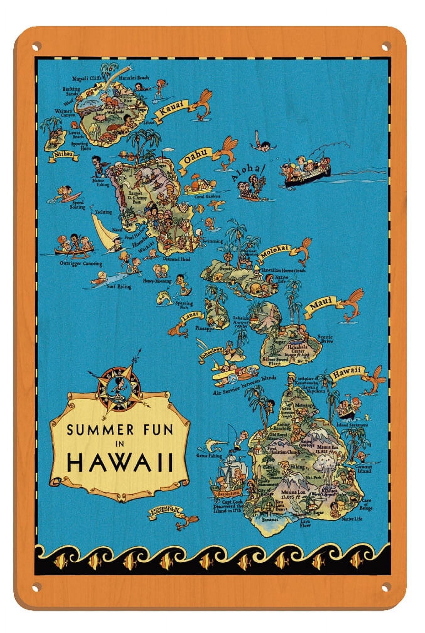 Summer Fun in Hawaii Map - Hawaii Tourist Bureau - Vintage Pictorial ...