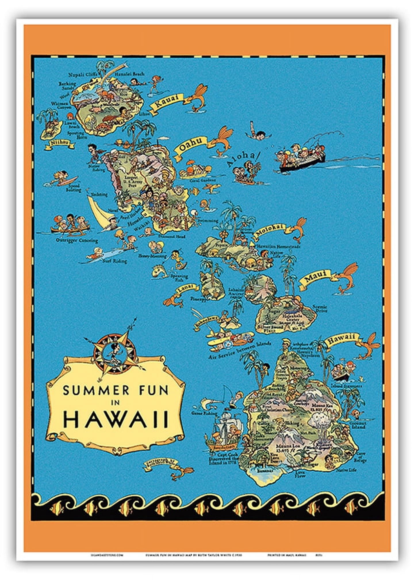 Summer Fun in Hawaii Map - Hawaii Tourist Bureau - Vintage Pictorial ...