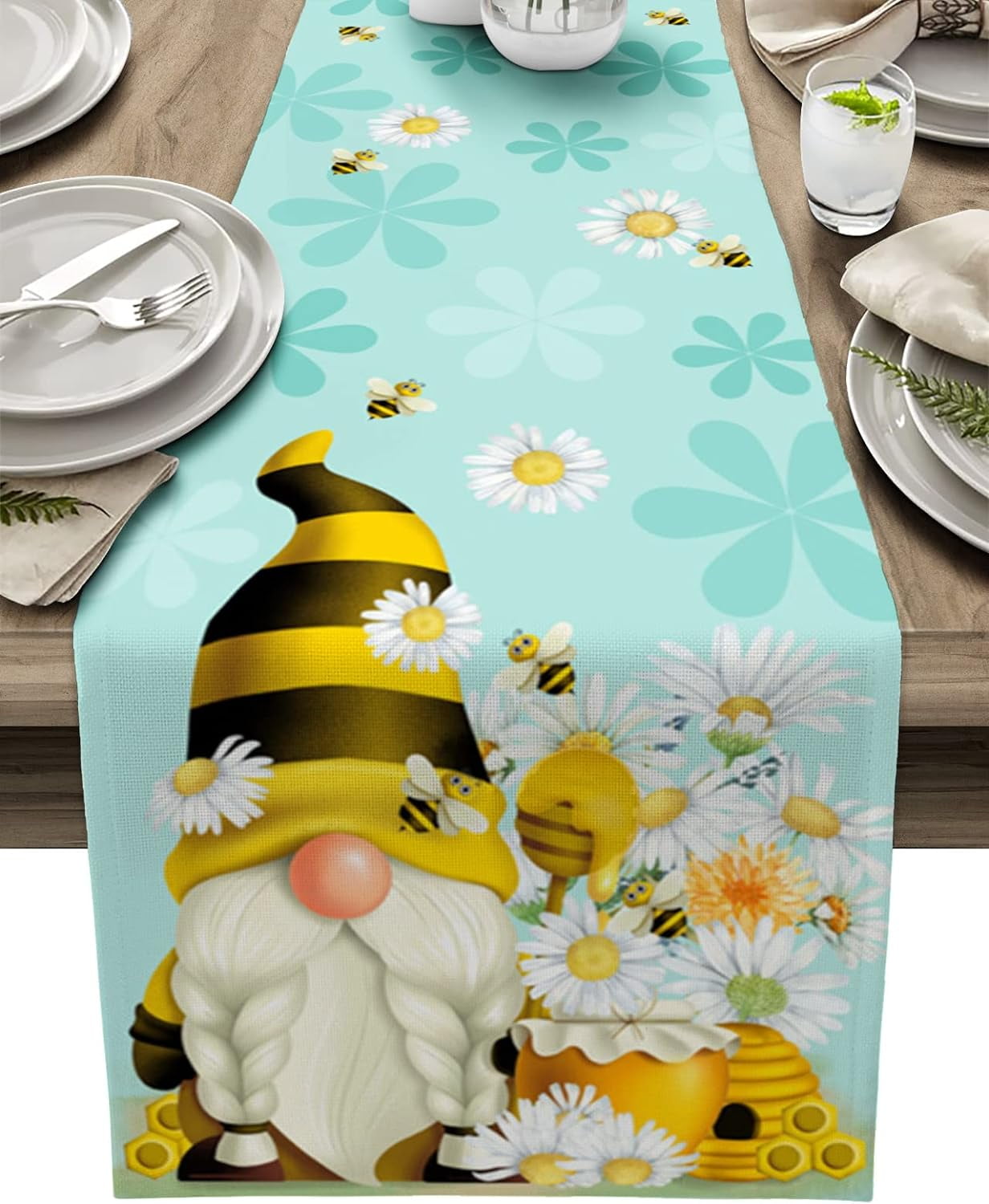 Summer Gnome Bee White Daisy Hy Linen Table Runners Blue Flowers ...