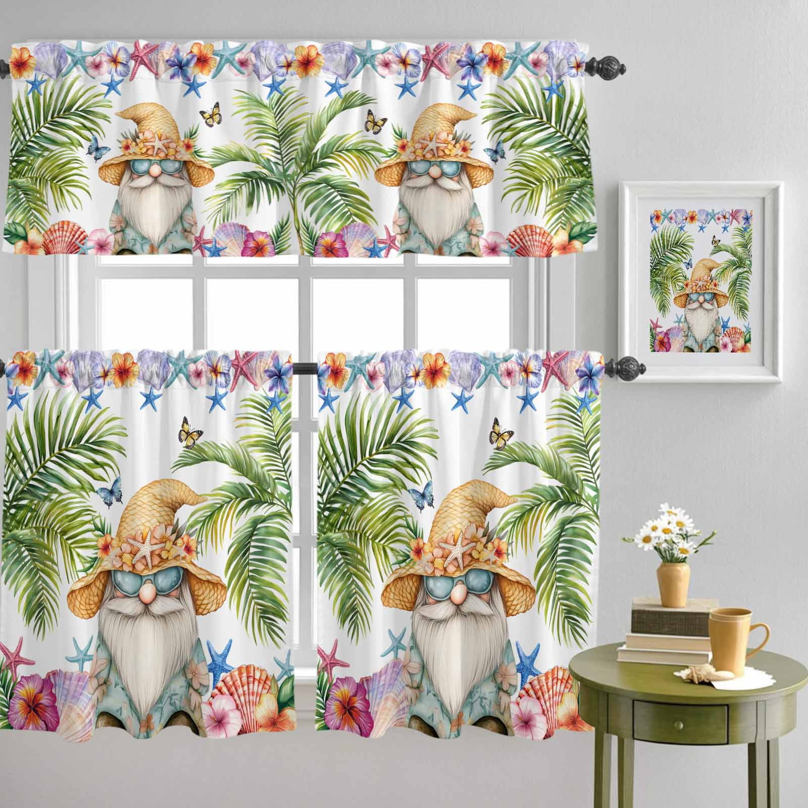 Summer Gnome Starfish Shell Flower Curtain Tier and Valance Set 3 Piece ...